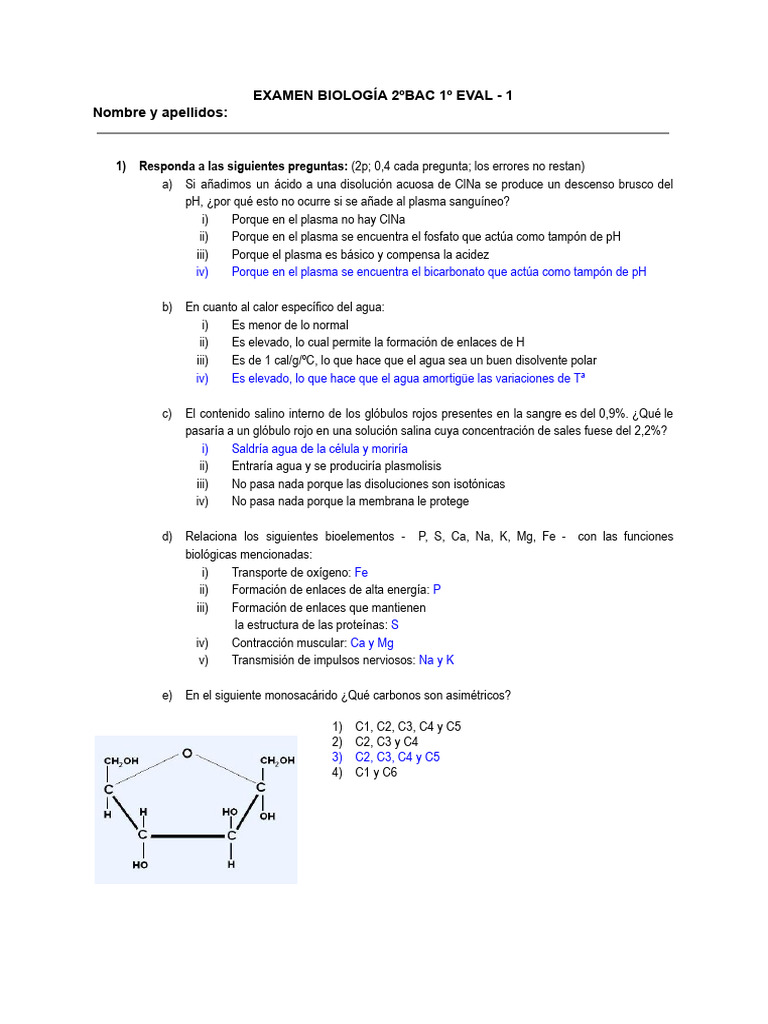 Respuestas Al EXAMEN BIOLOG-A 2-BAC 1 - EVAL - 1 23-24 | PDF | Lípido | Solución tampón