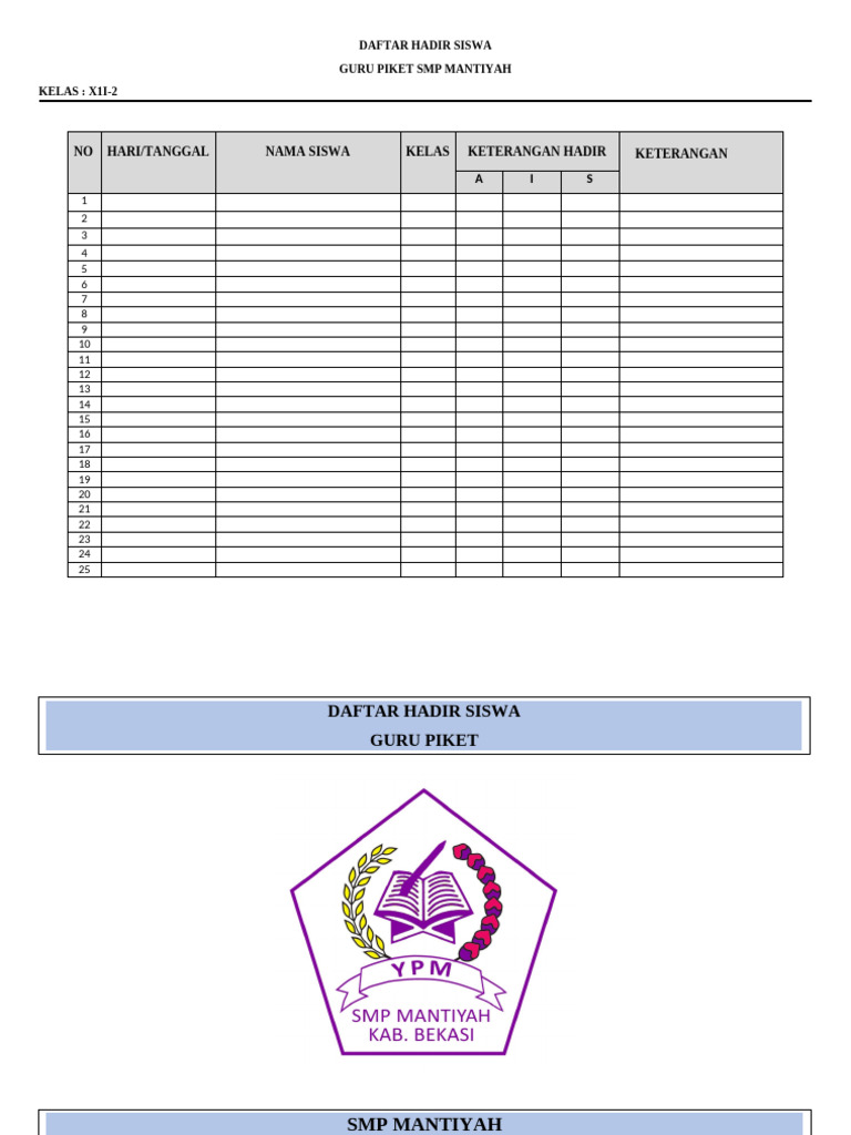 Daftar Hadir Siswa SMP dan SMK Mantiyah | PDF