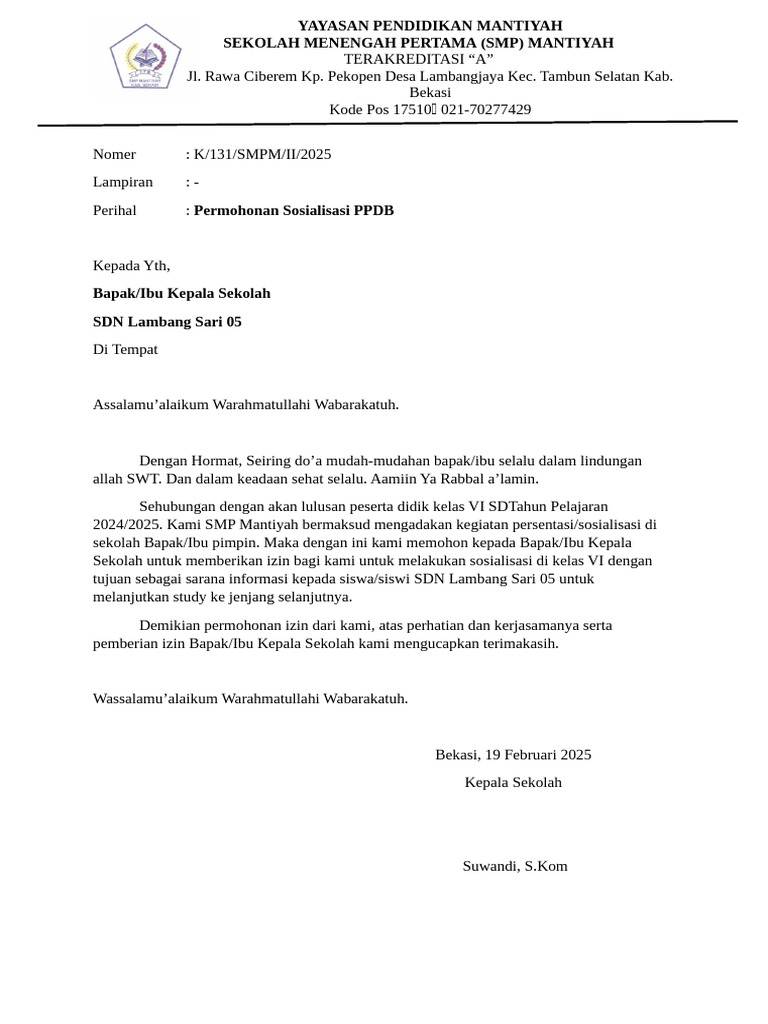 Surat Permohonan PPDB | PDF