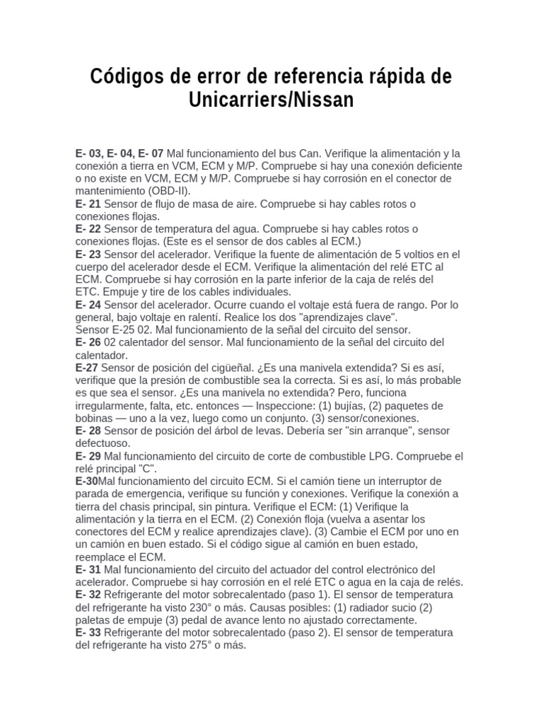 Códigos de Error de Referencia Rápida de Unicarriers NISSAN | PDF | Relé | Ingenieria Eléctrica