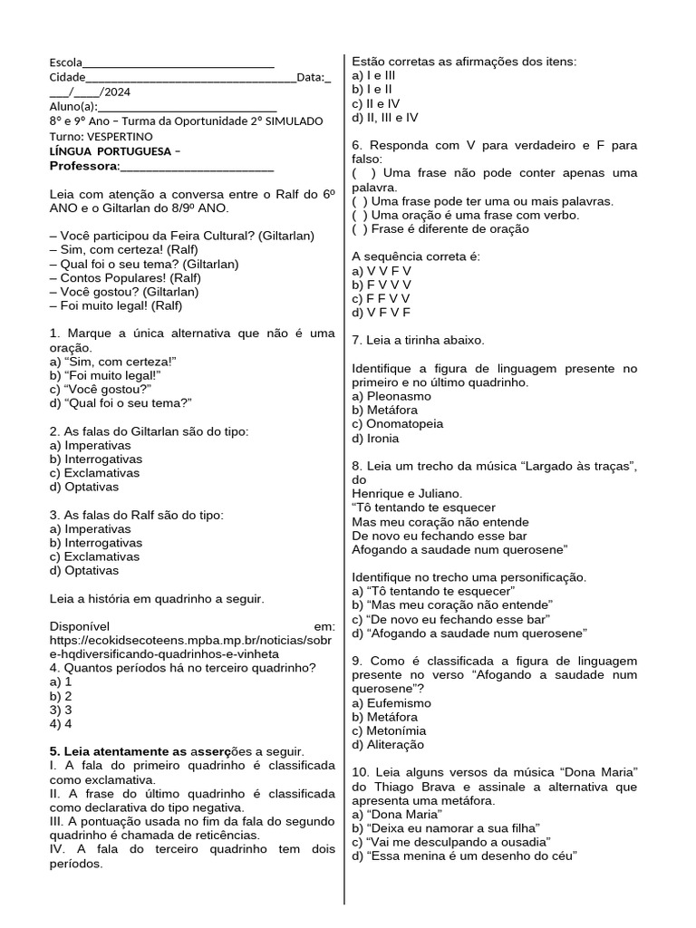 SIMULADO 8º e 9º EJA | PDF