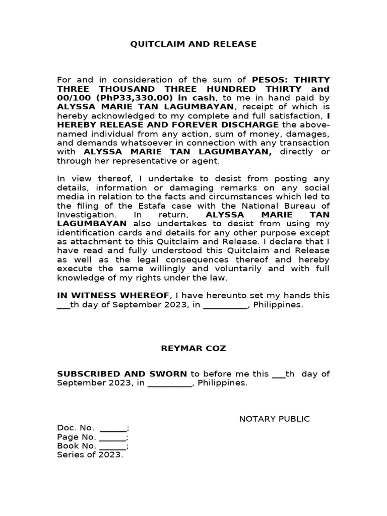 Quitclaim and Release Agreement | PDF