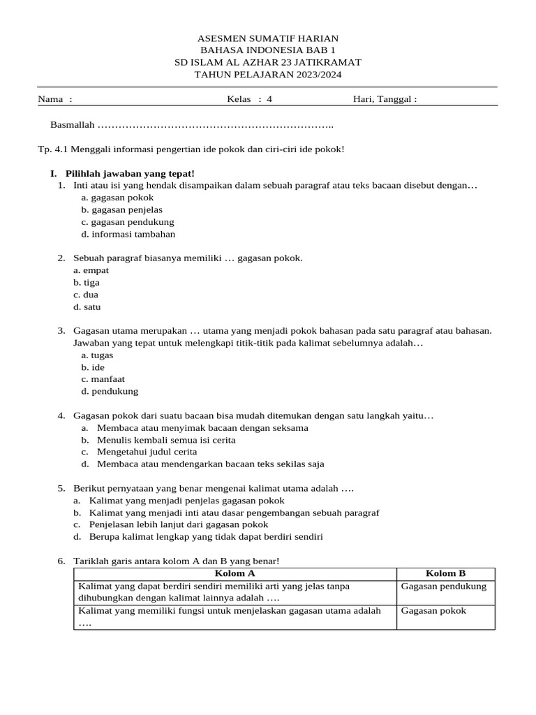 ASESMEN SUMATIF HARIAN BI BAB 1 | PDF