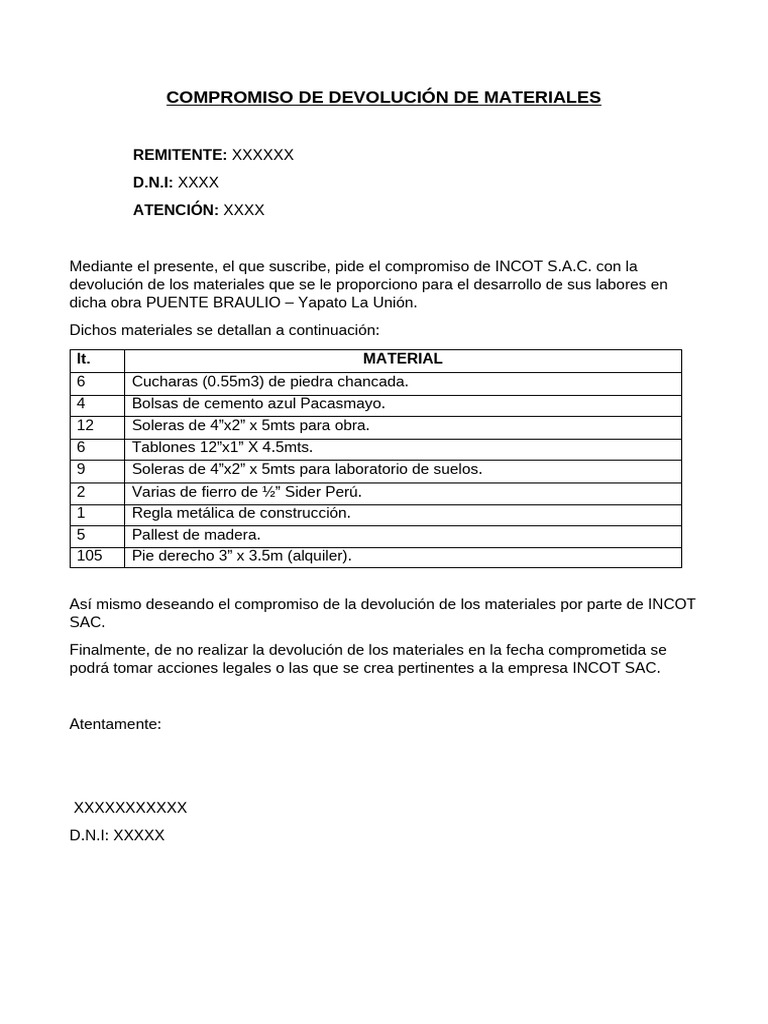 Compromiso de Devolución de Materiales 1 | PDF