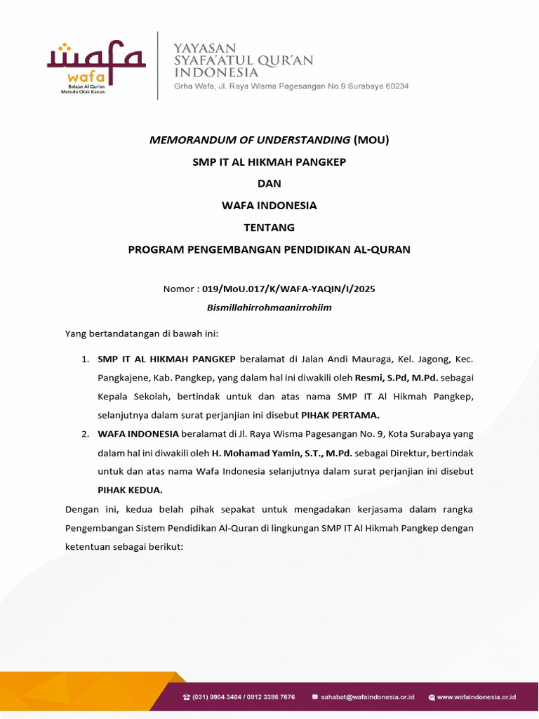 MoU-SMP IT Al Hikmah Pangkep | PDF