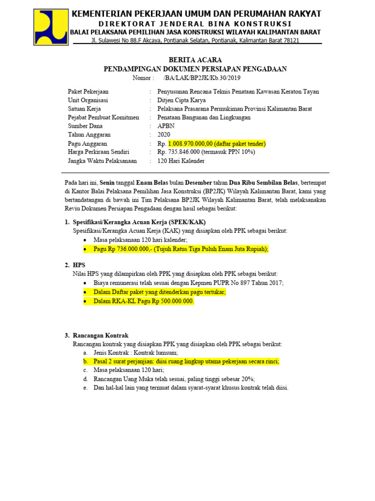 BA Penyusunan Rencana Teknis Penataan Kawasan Keraton Tayan | PDF