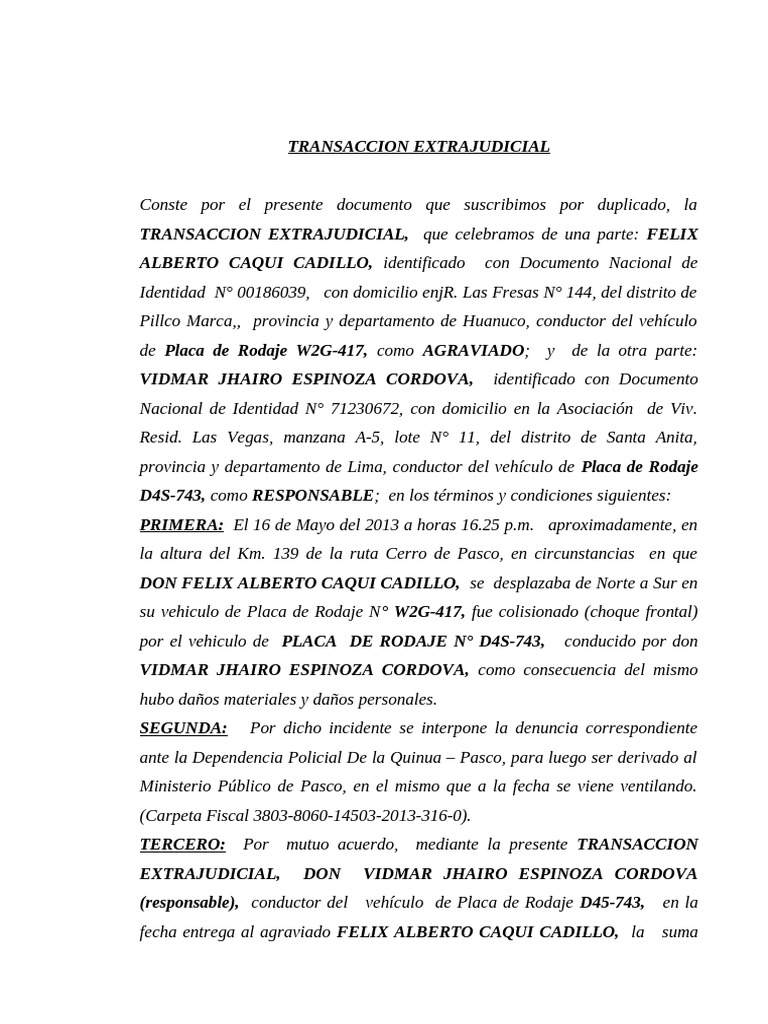 Transaccion Extrajudicial Por Choque | PDF