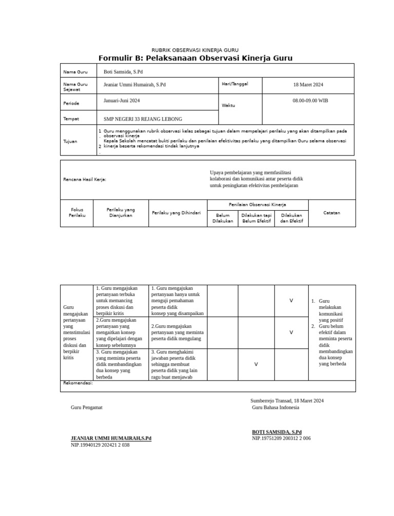 Formulir B Rubrik Observasi Kinerja Guru | PDF