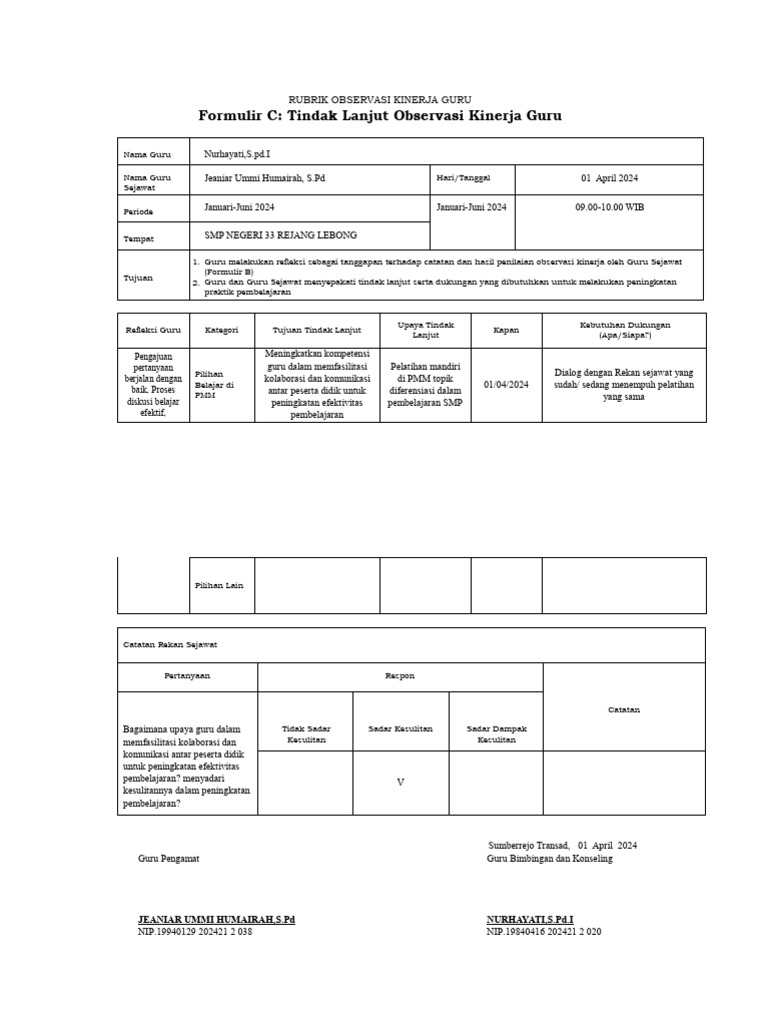 Formulir C Rubrik Observasi Kinerja Guru | PDF