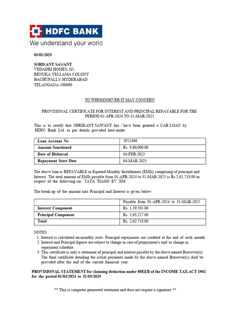 EV Car Loan Interest Certificate 80EEB | PDF