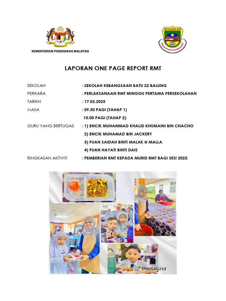 Laporan One Page Report RMT SK Batu 22 Balung | PDF