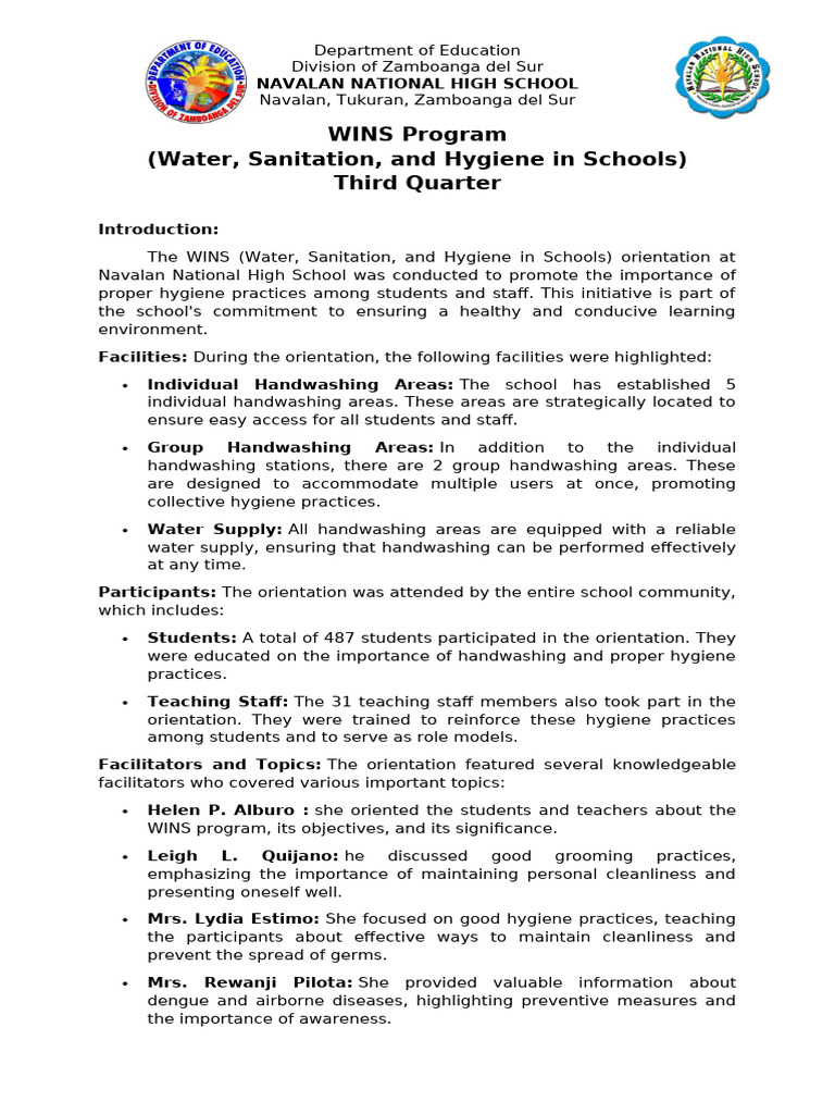 WINS NARRATIVE REPORT Sample | PDF | Hand Washing | Hygiene