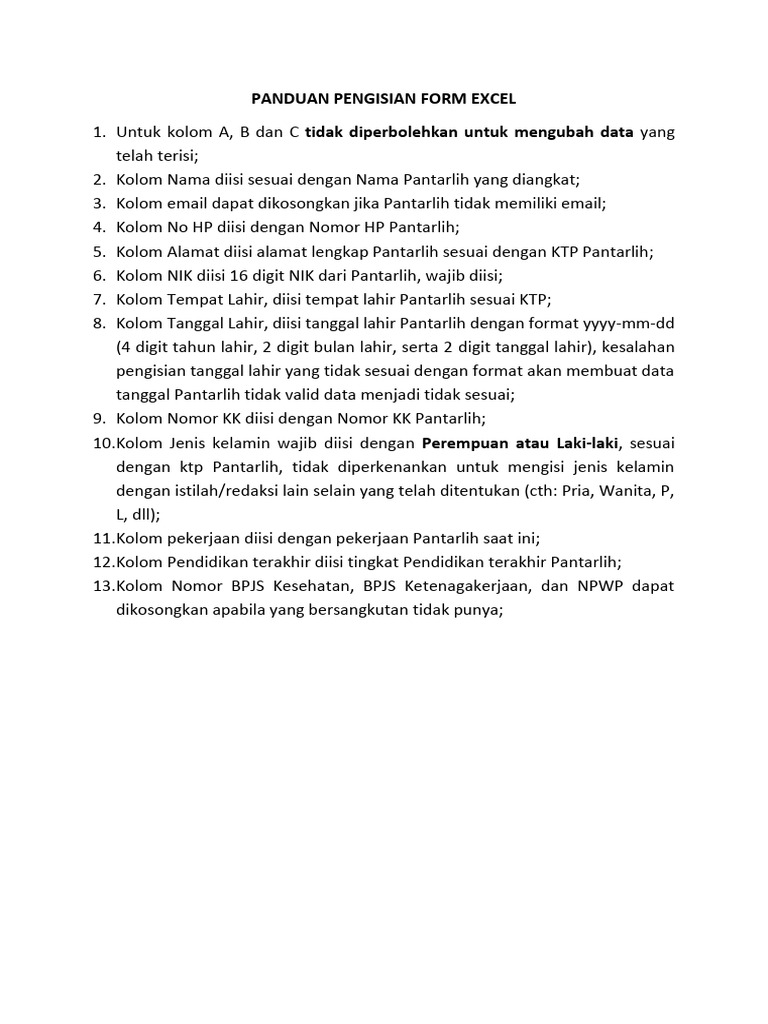 Panduan Isi Form Excel Pantarlih | PDF