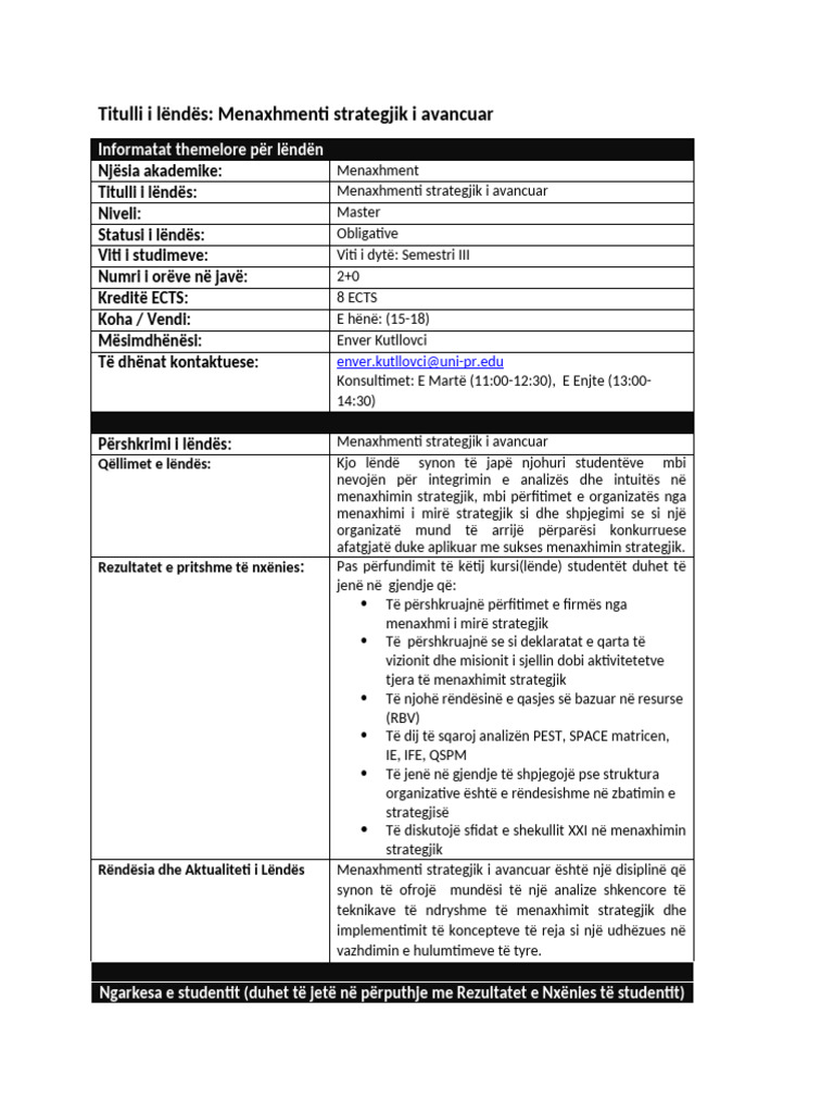 Titulli I Lëndës: Menaxhmenti Strategjik I Avancuar | PDF