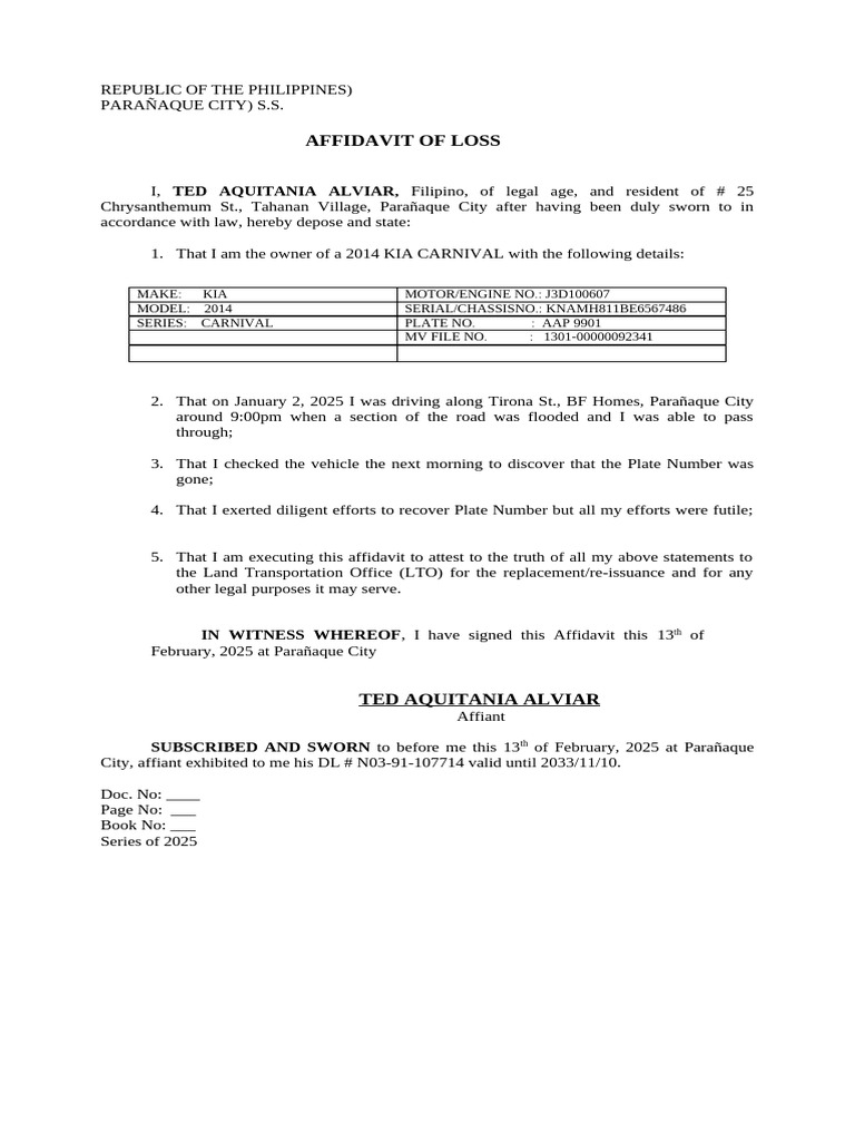 Affidavit of loss - Car plate ALVIAR | PDF | Affidavit | Evidence