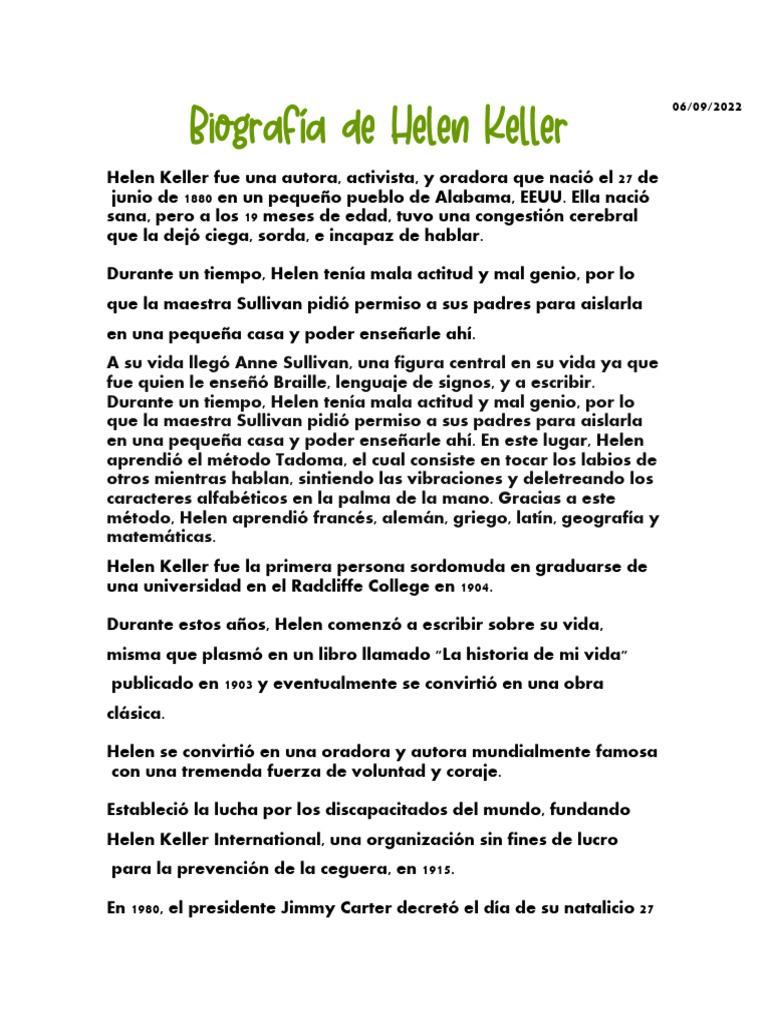 Biografía de Helen Keller | PDF