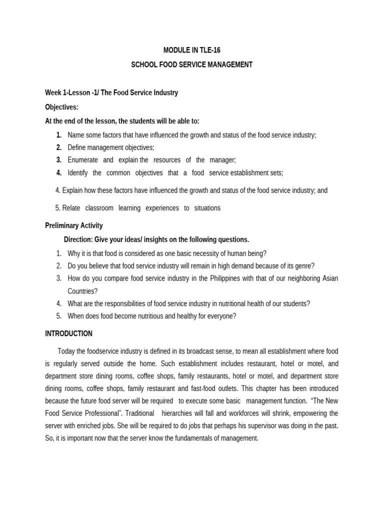Module in Tle 16 Content Lesson | PDF | Restaurants | Foodservice