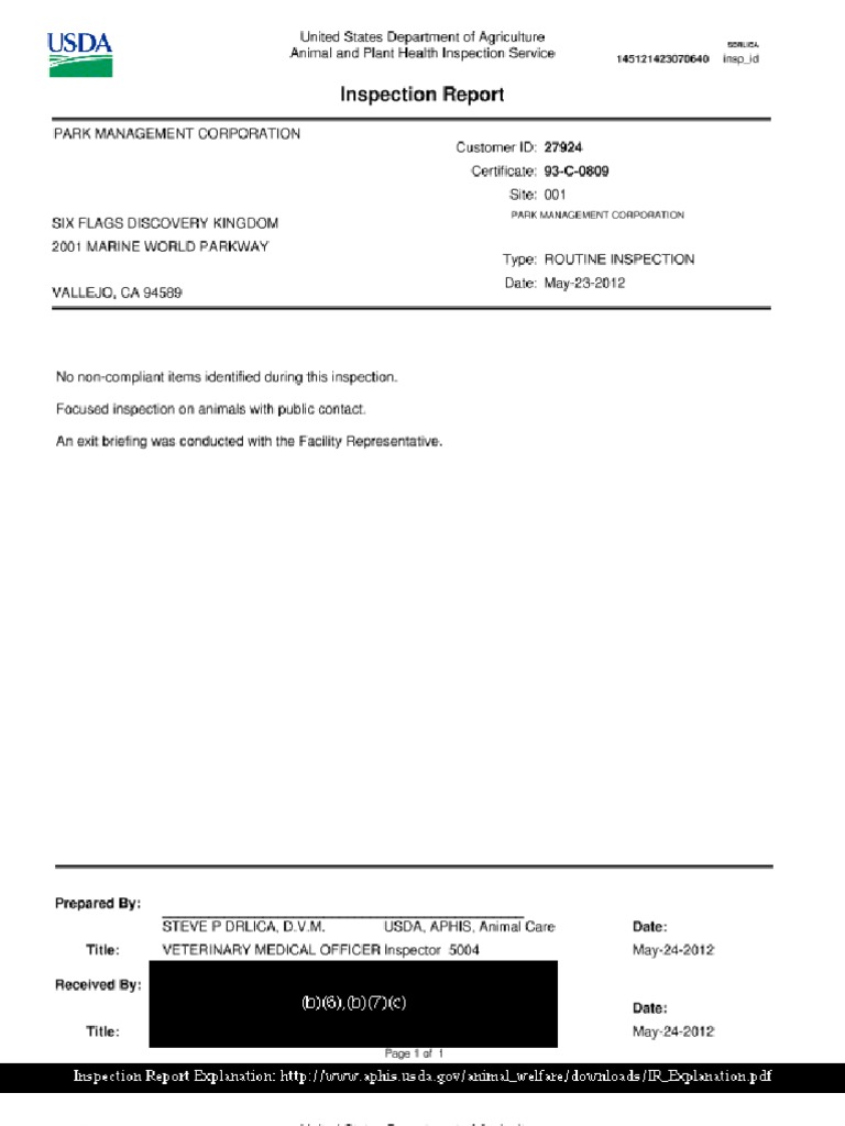 USDA-APHIS Inspection Reports: Six Flags Discovery Kingdom | PDF ...