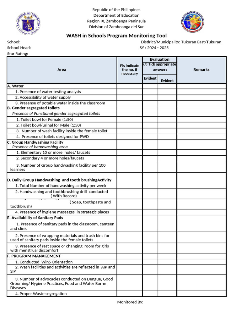 School WinS Monitoring Tool | PDF | Hand Washing | Toilet