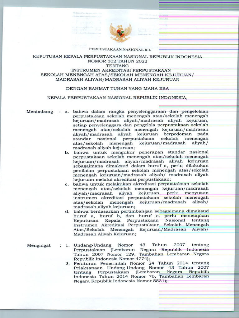 SK 302 2022 Instrumen Akreditasi Perpustakaan SMA SMK MA MAK (Sekolah) | PDF