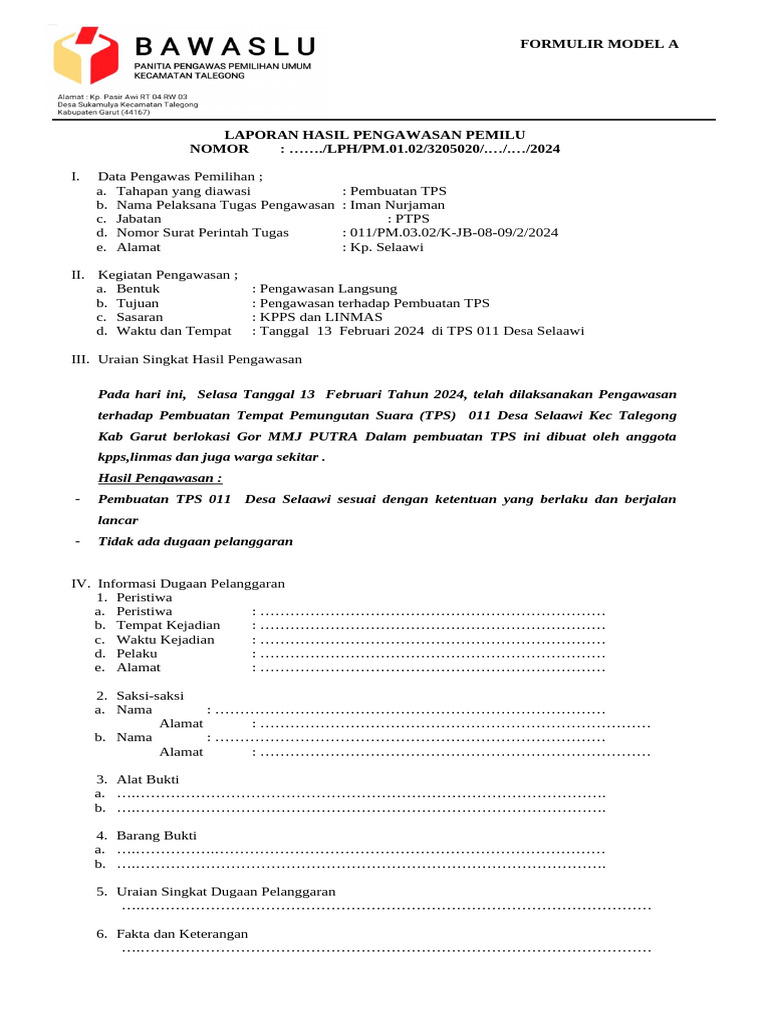 Laporan Pengawasan Pembuatan TPS 2024 | PDF