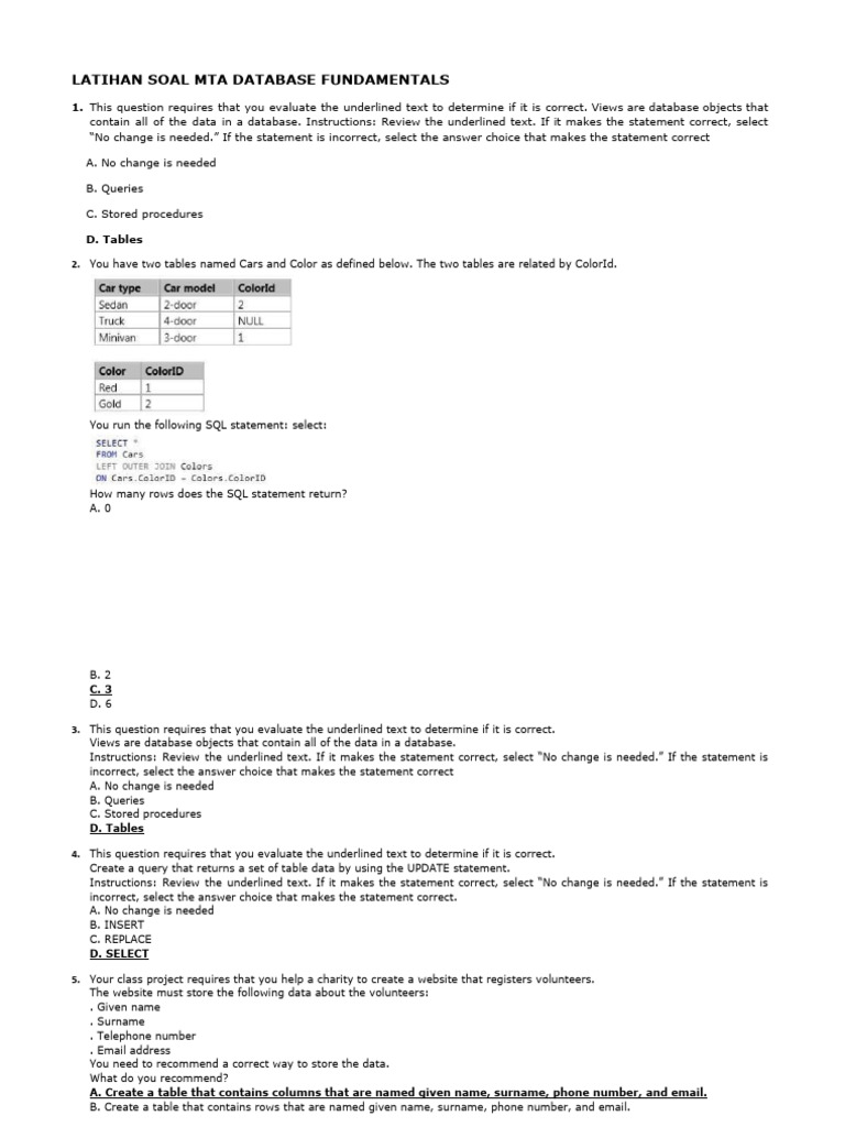 LATIHAN SOAL MTA DATABASE FUNDAMENTALS Baru PDF | PDF | Databases | Table (Database)