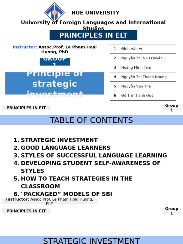 Group 1 - Principle of Strategic Investment | PDF | Learning | Learning Styles