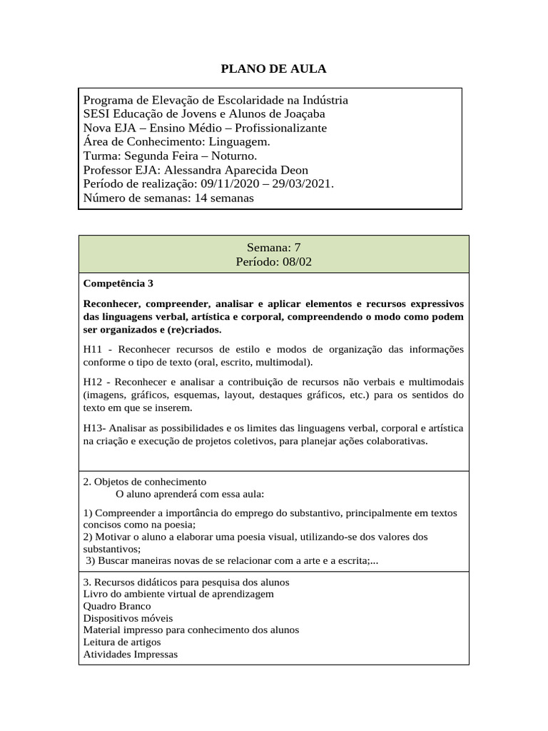 PLANO DE AULA Sesi Linguagem - AULA 7 - 08-02 | PDF | Aprendizado