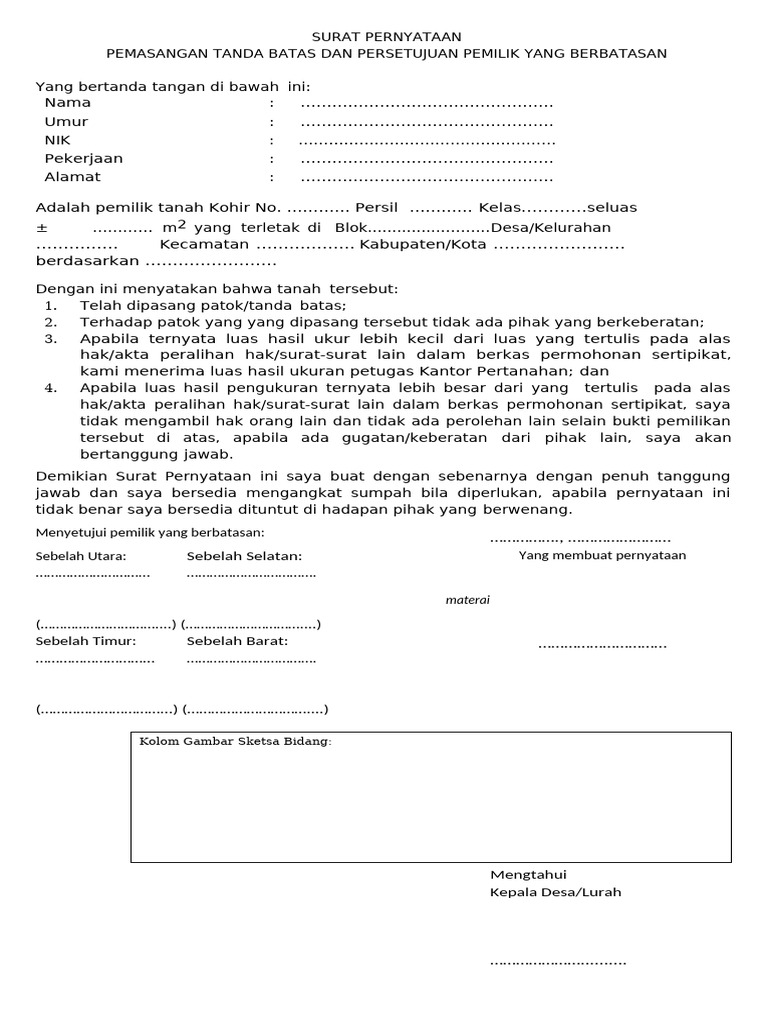 SURAT PERNYATAAN Pemasangan Tanda Batas Dan Pesetujuan Tanda Batas | PDF