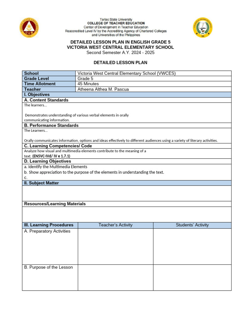 Grade 5 English Lesson Plan Overview | PDF