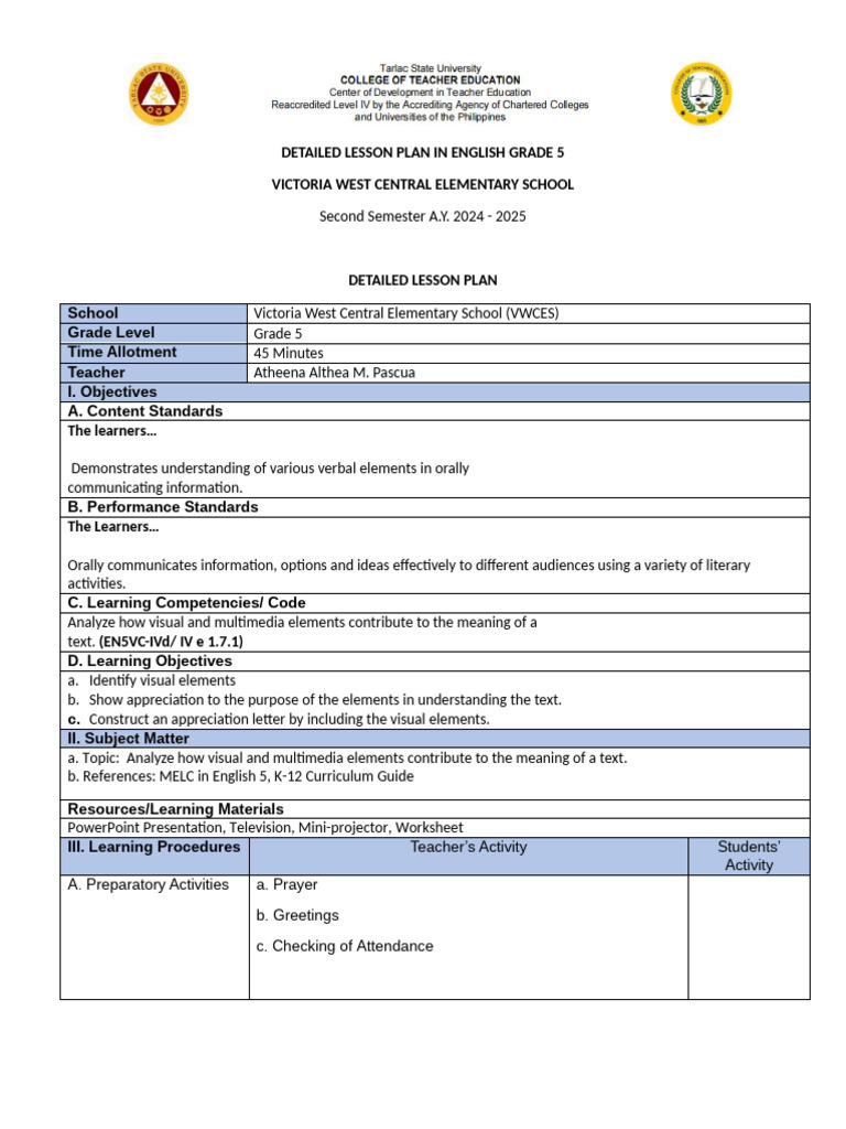Grade 5 English Lesson Plan: Visual Elements | PDF | Multimedia ...