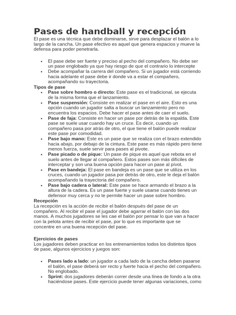 Técnicas de Pases y Recepción en Handball | PDF | Defensor (Asociación ...