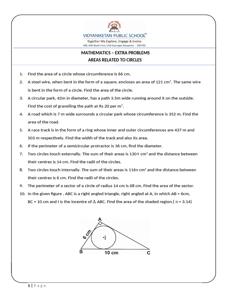Class 10 Extra Questions on Circle Areas | PDF