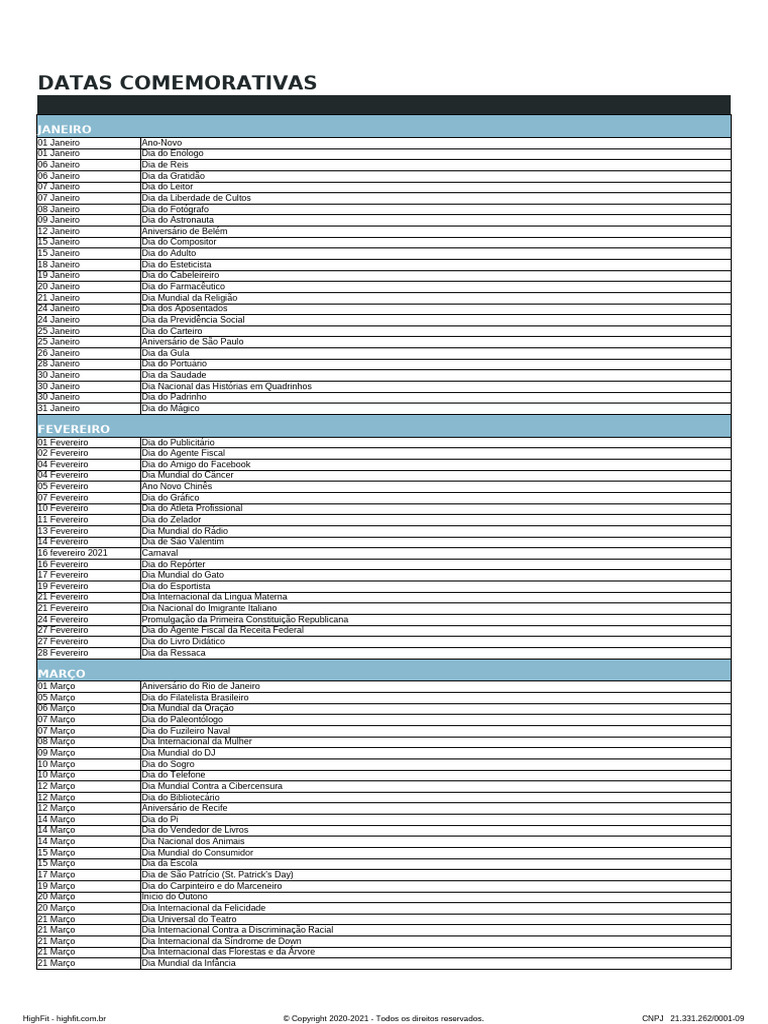Datas Comemorativas Gerais | PDF | Brasil