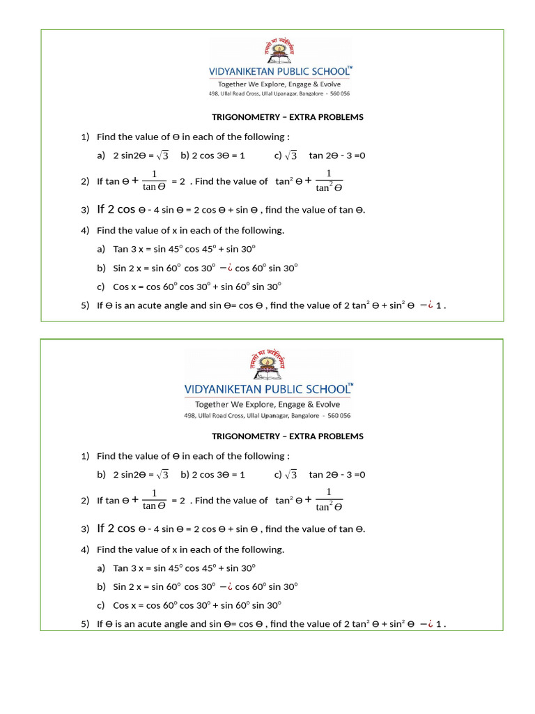 Trigonometry Extra Questions | PDF | Trigonometric Functions ...