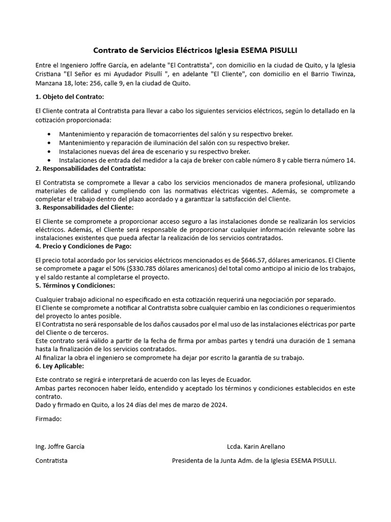 Contrato electrico ESEMA PISULLI^ | PDF