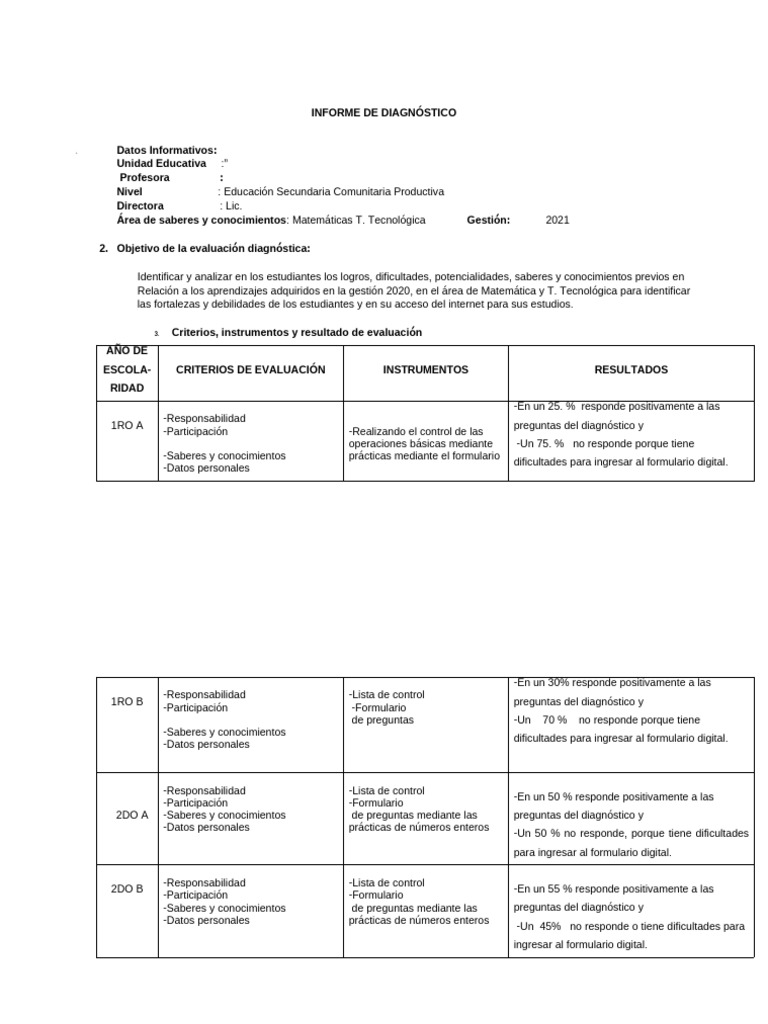 INFORME DE DIAGNOSTICO MATEMATICA 1ro A, 2do A y B T.T.G. 1ro B | PDF | Evaluación | Cognición