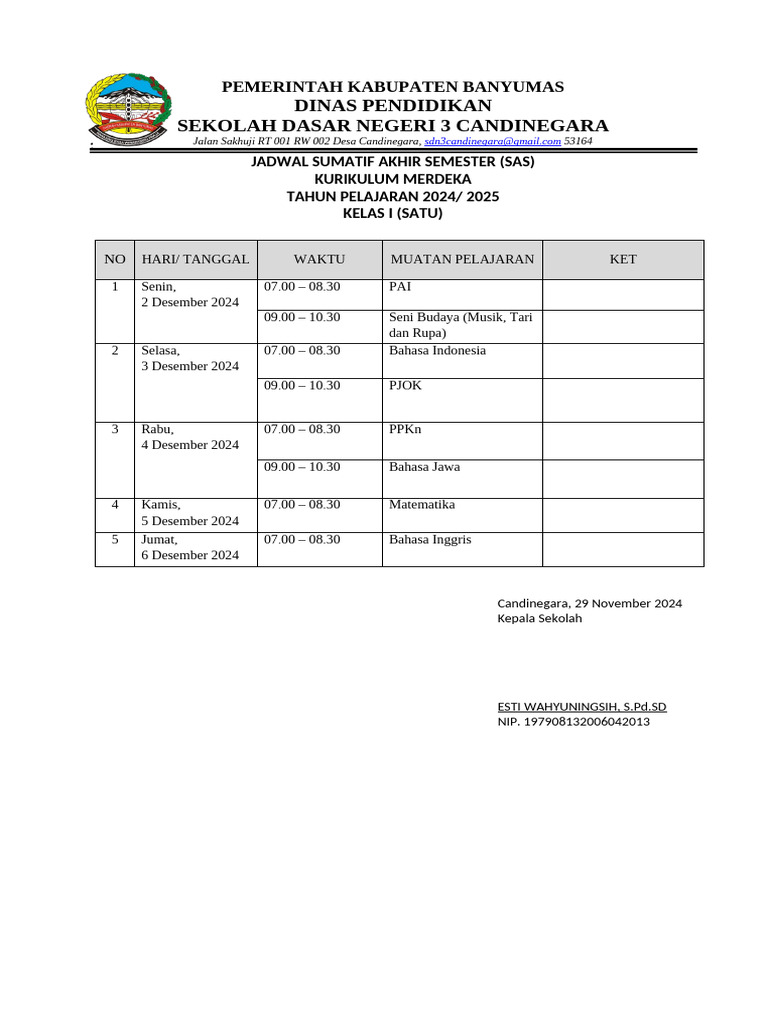 Jadwal Sas Kelas 1 S.D. 6 Tahun 2024-2025 Fix | PDF