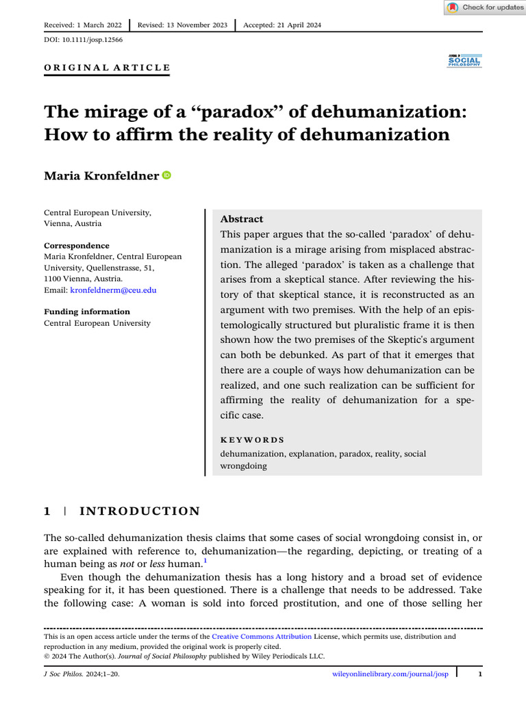 Journal of Social Philosophy - 2024 - Kronfeldner - The Mirage of A Paradox of Dehumanization ...