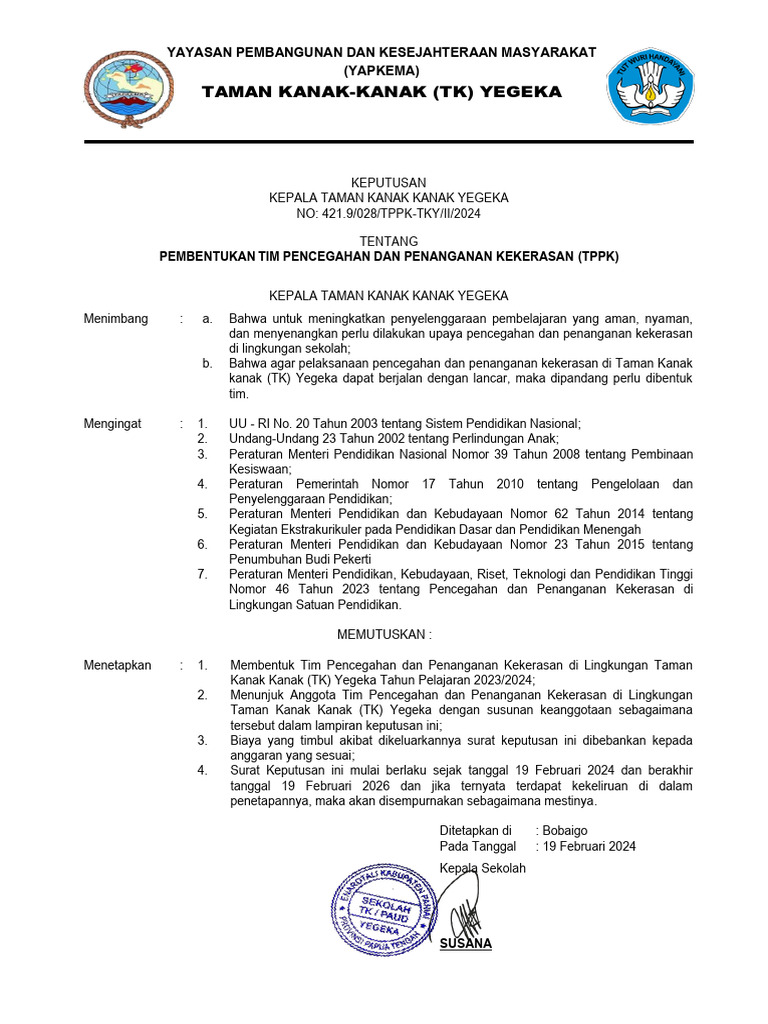 SK Tim Pencegahan Dan Penanganan Kekerasan Di Lingkungan Satuan Pendidikan TK Yegeka | PDF