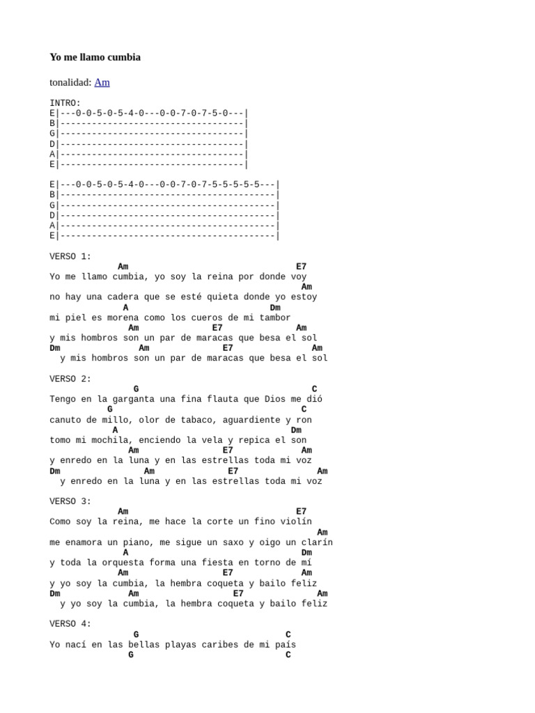 Letra y acordes de "Yo me llamo cumbia" | PDF