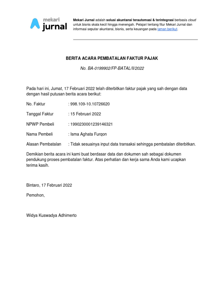 Pembatalan Faktur Pajak dan Suratnya | PDF