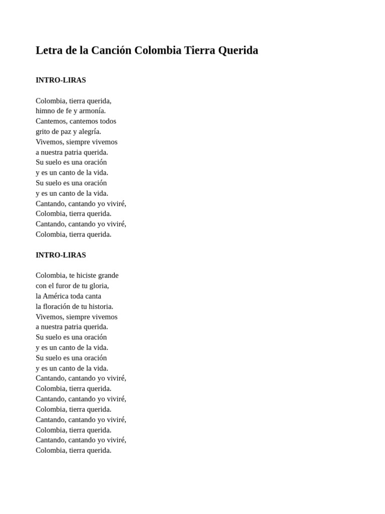 Letra de "Colombia Tierra Querida" | PDF