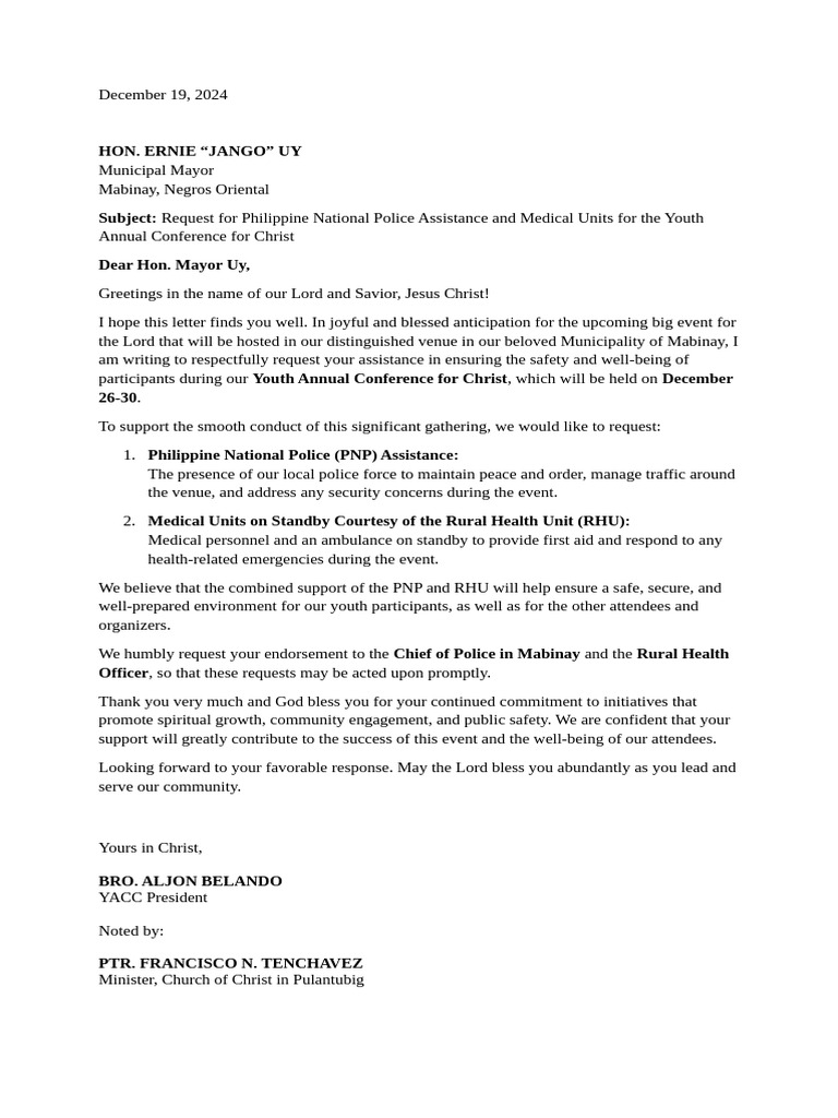 YACC Letter For PNP and RHU | PDF