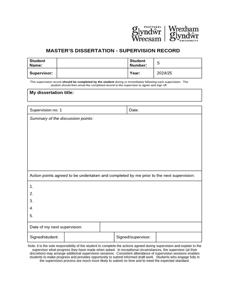 MSC Supervision Record Form 2024-25 | PDF | Thesis | Academia