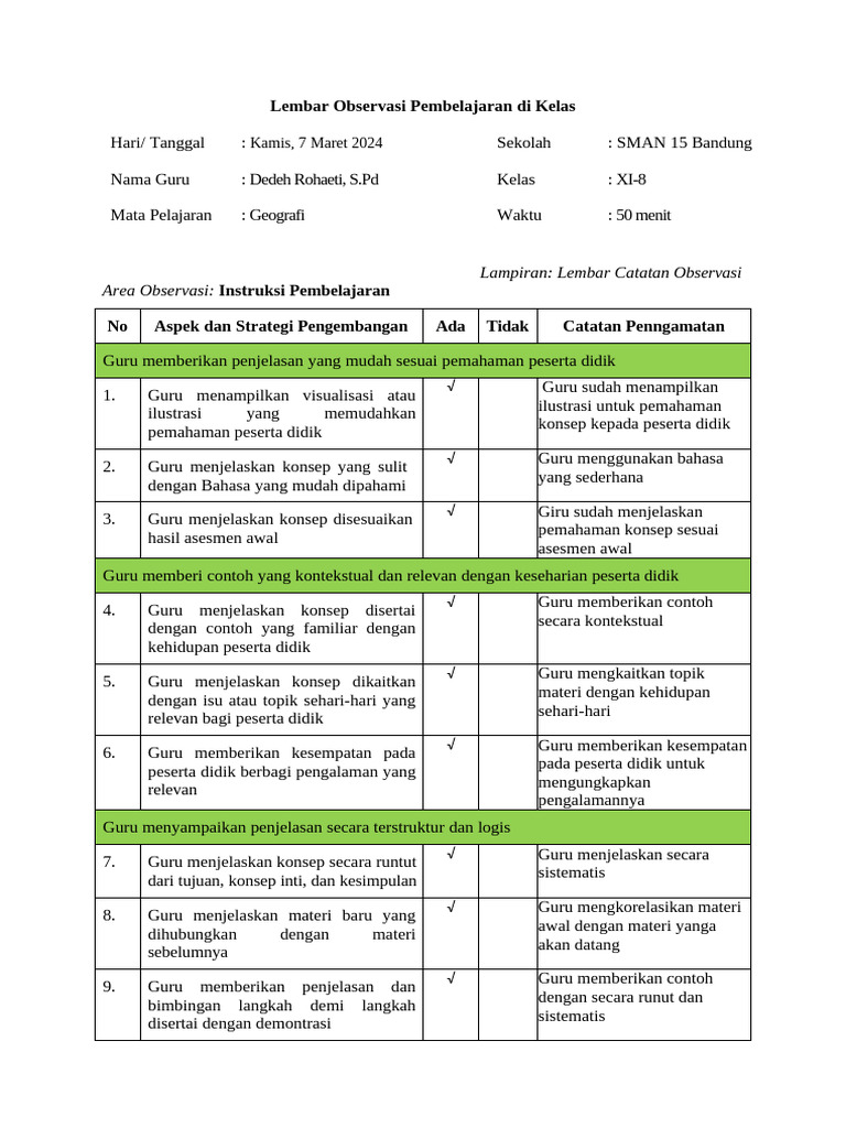 2 - Lembar Observasi - Instruksi Pembelajaran | PDF