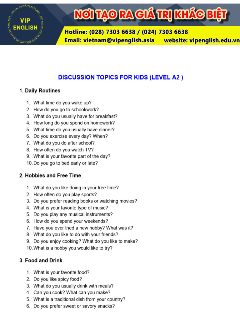 A2 Discussion Topics for Kids | PDF | Waiting Staff | Restaurants