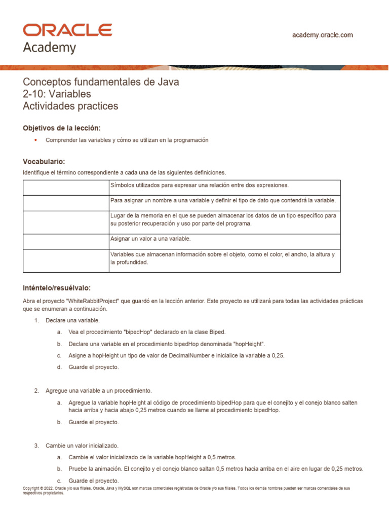 JF 2 10 Practice Esp | PDF | Variable (informática) | Java (lenguaje de programación)