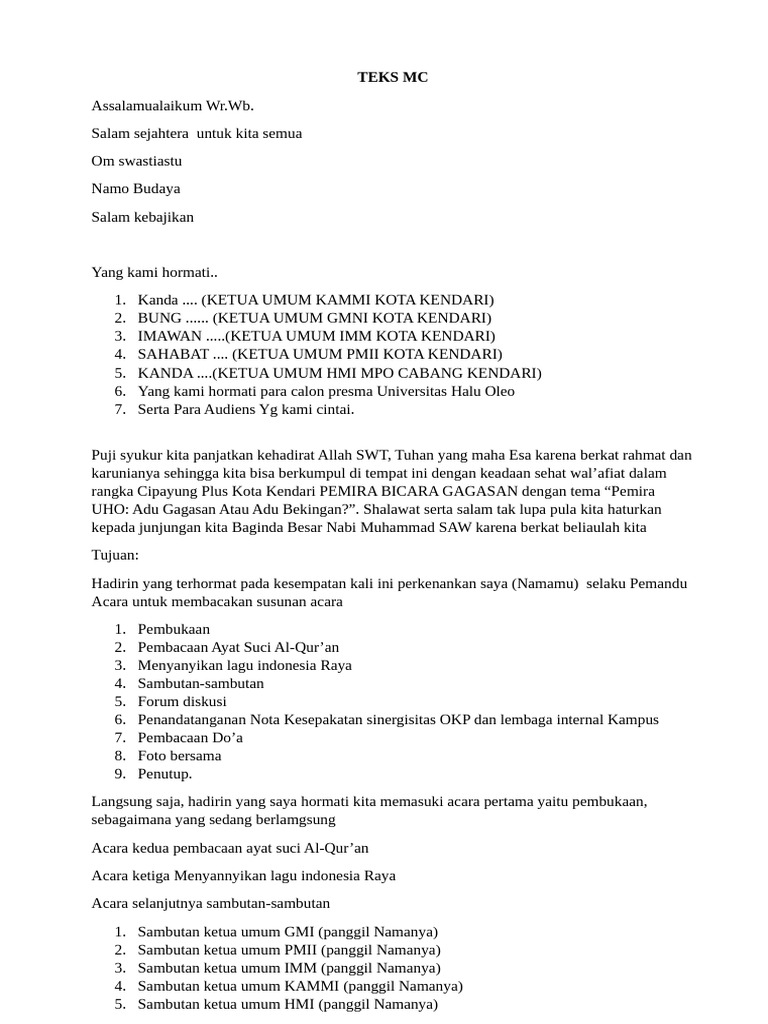 Contoh TEKS MC CIPAYUNG PLUS, Pemira UHO | PDF