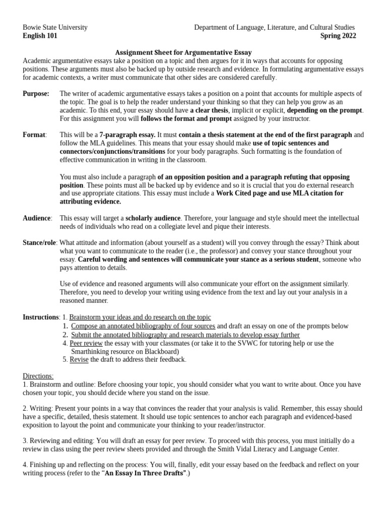 Argumentative Essay Assignment Sheet and Rubric (1) 2022 | PDF | Essays ...